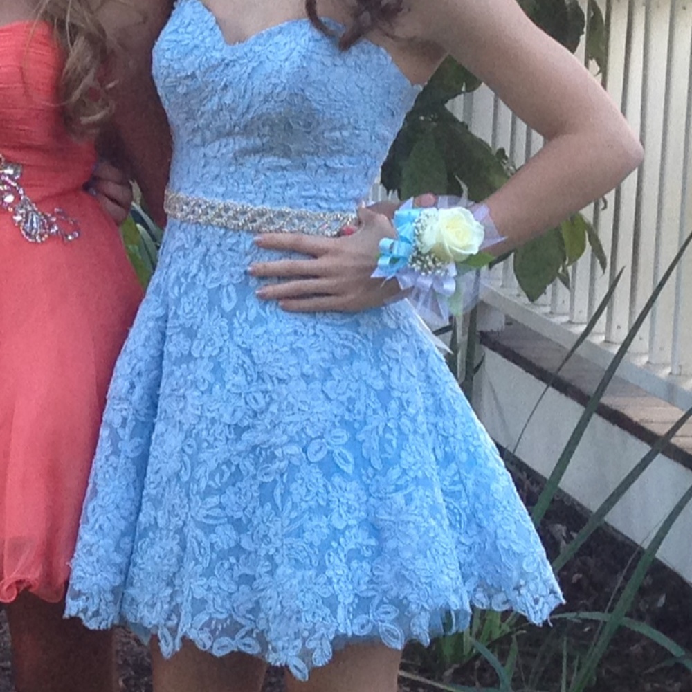 Light Blue Lace Short Strapless La Femme Dress - Gem
